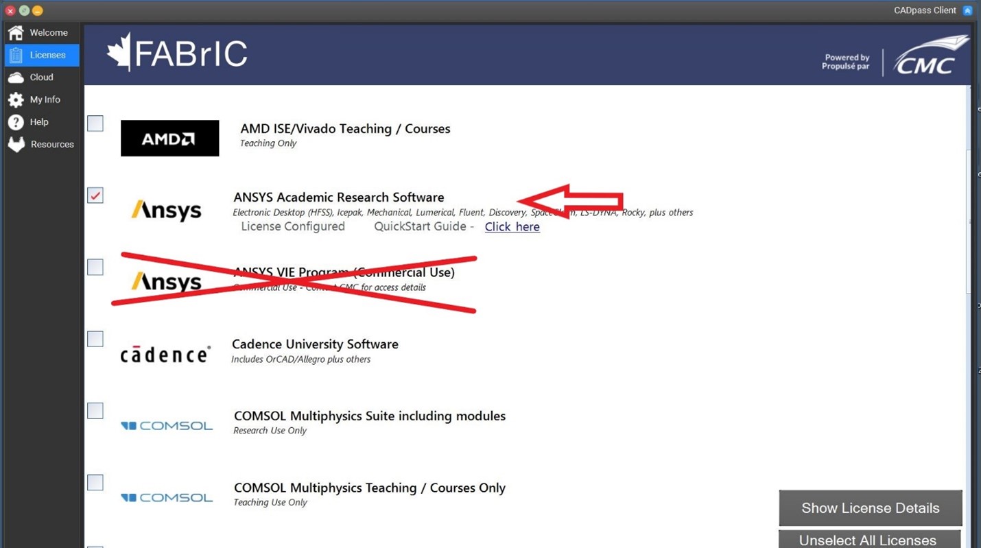 Support Note: Selecting CADpass Client Entry for Ansys Academic Use – CMC Microsystems
